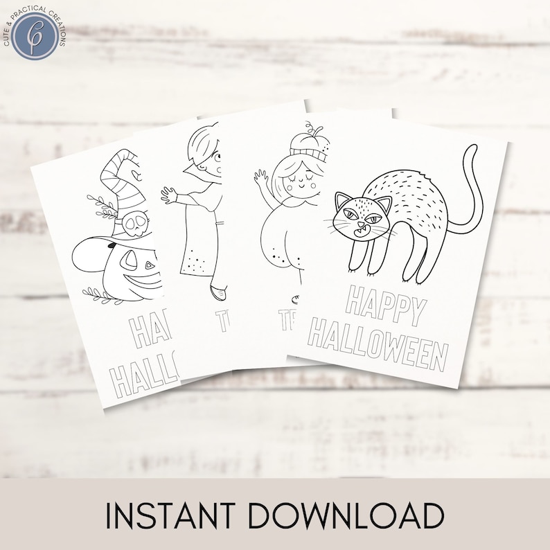 Mini Cards Set of 4 Printable Halloween Drawing Outline DIY Digital ...