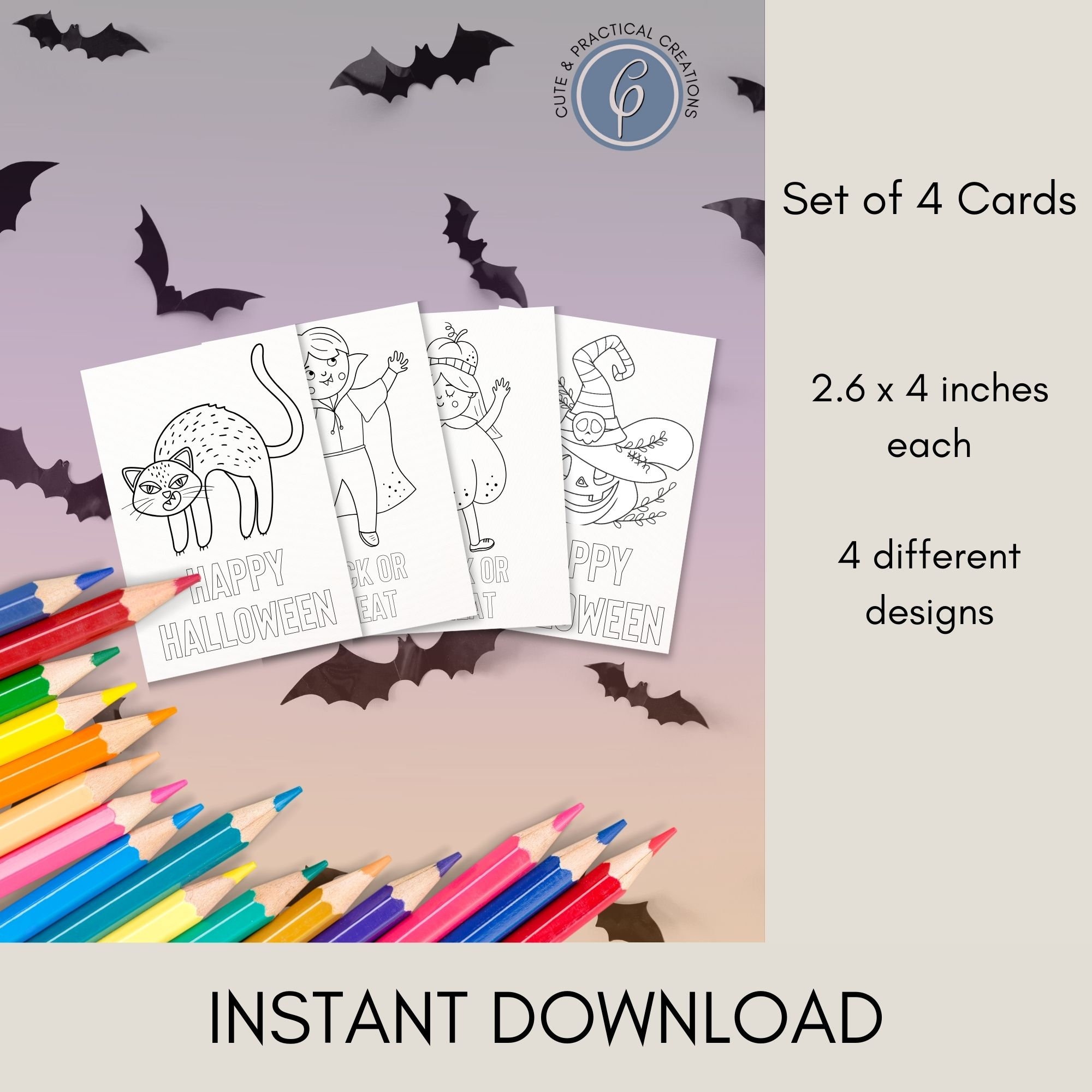 Mini Cards Set of 4 - Printable Halloween Drawing Outline DIY; Digital ...