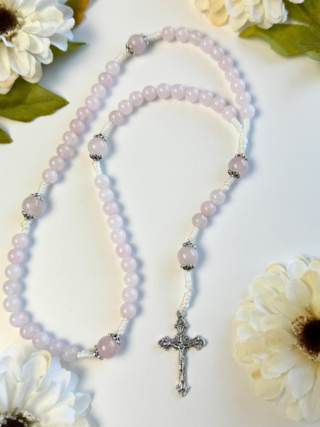 Pink Quartz Cord Rosary - Pink Quartz Knotted Rosary - Quartz Rosary ...