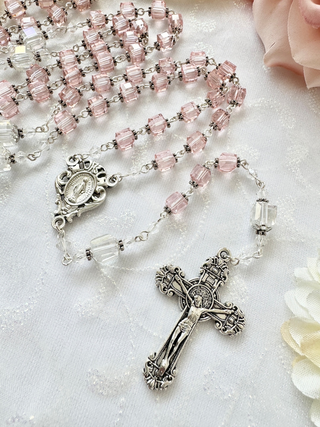 Pink Crystal Rosary Pink Cubed Rosary Miraculous Medal - Etsy