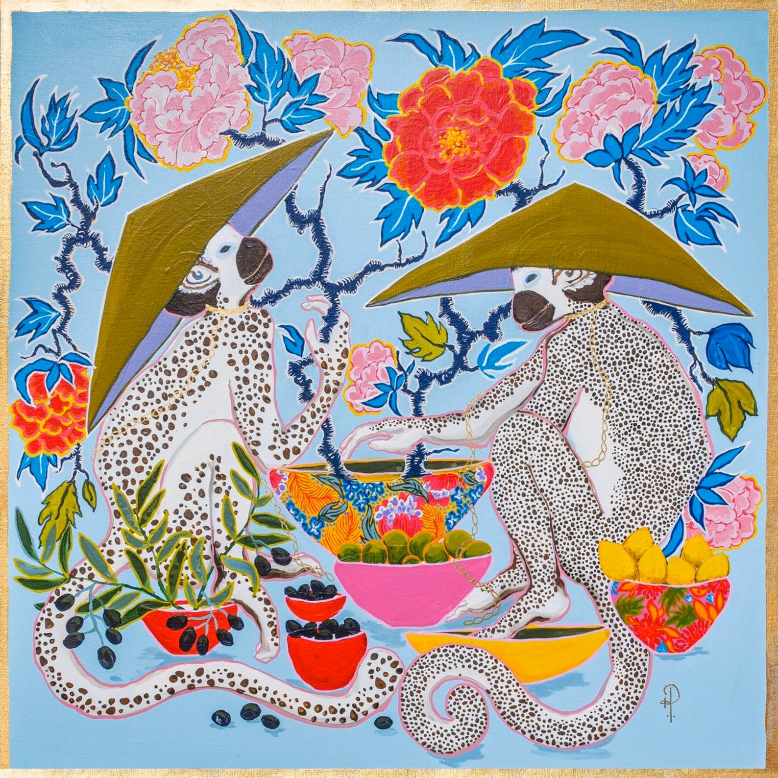 ART Print-monkeys in Hats on Blue With Olive Branch - Etsy