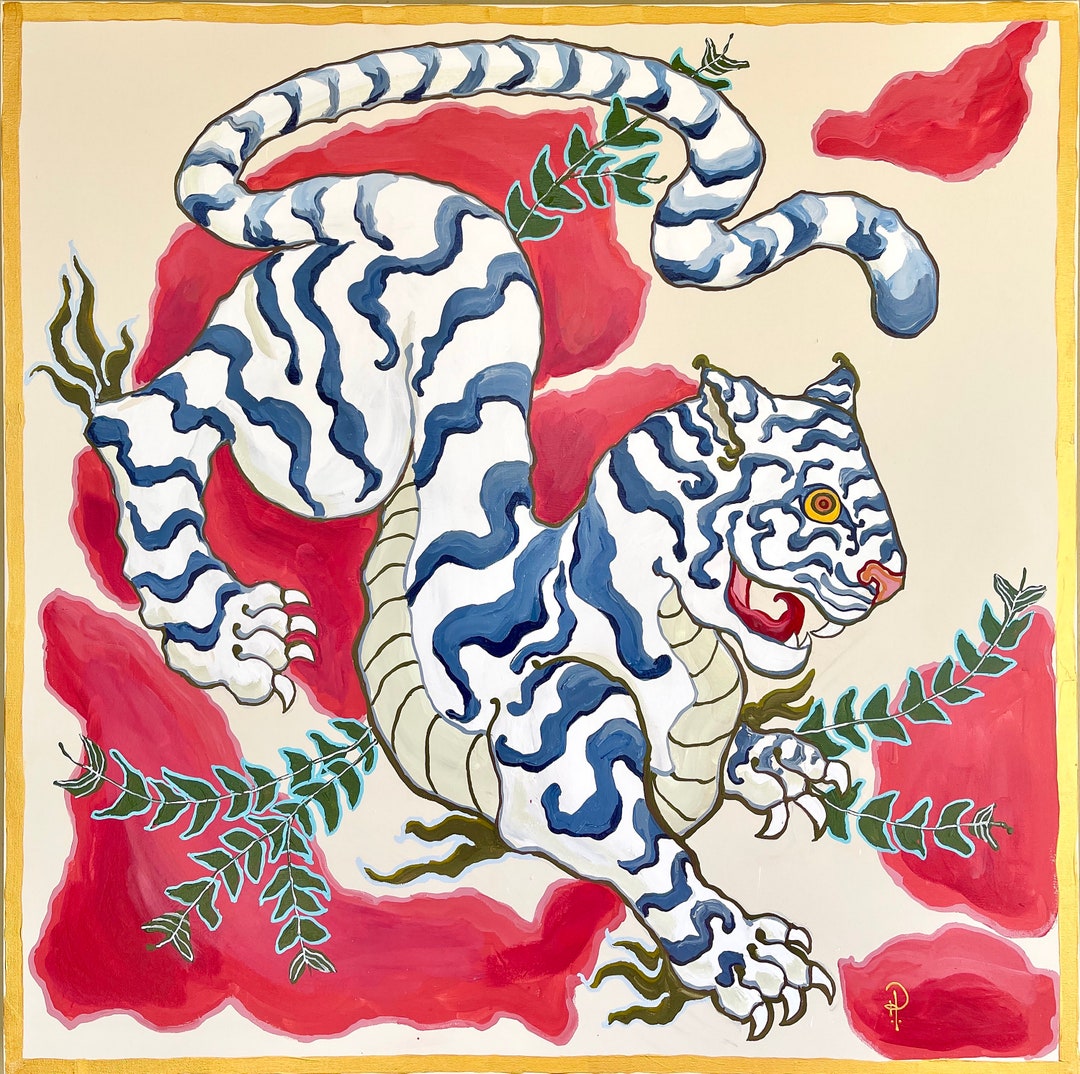 ART PRINT. Blue Striped Tiger Pouncing - Etsy