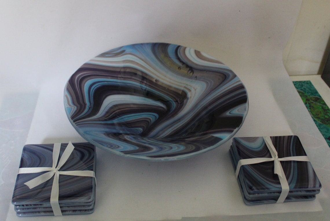 Bowl and coasters. Kiln fired fused Handmade ideal gift | Etsy