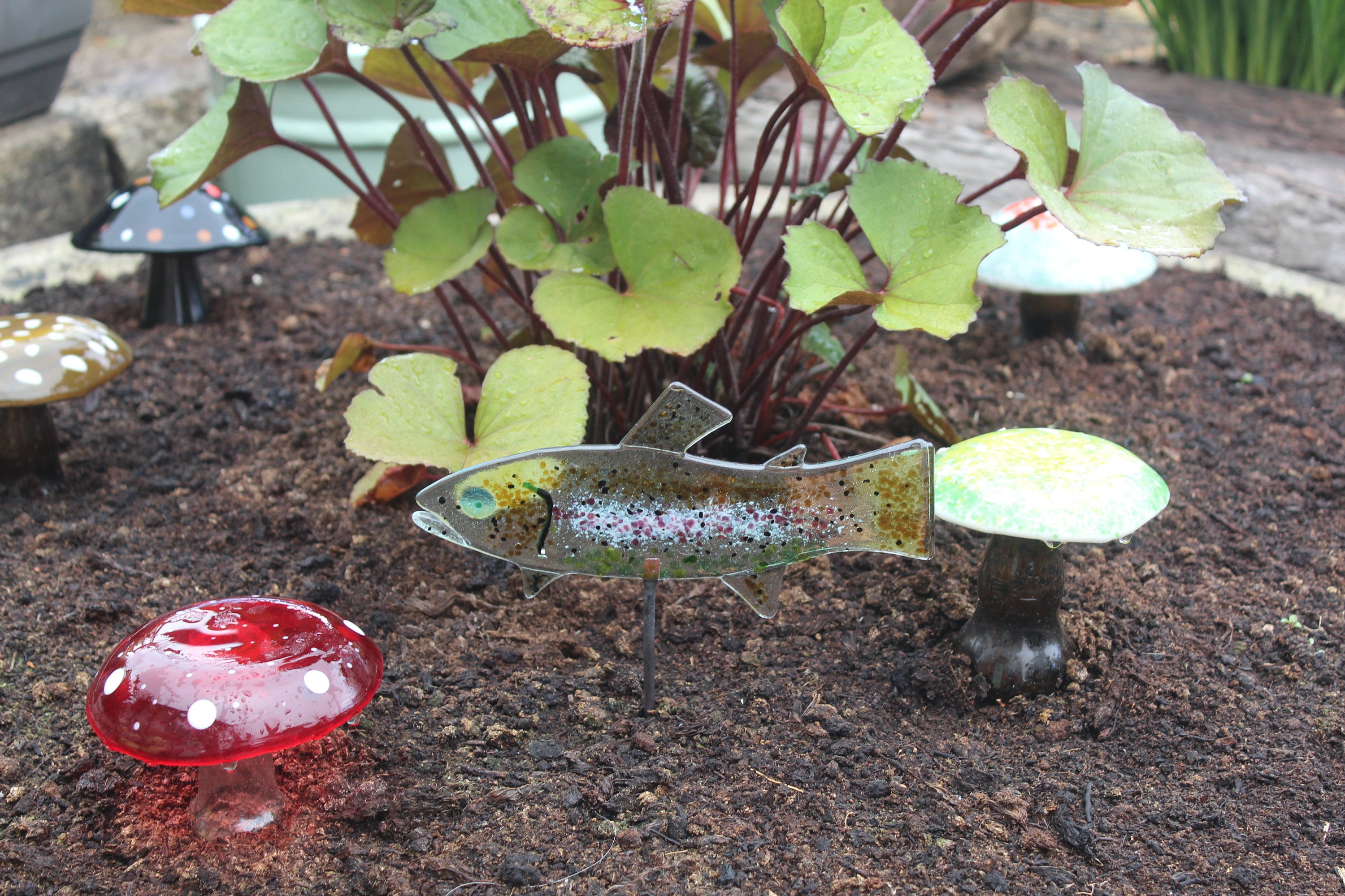 Fused Glass Rainbow Trout Garden Art: Weatherproof Plant Pot Decoration ...