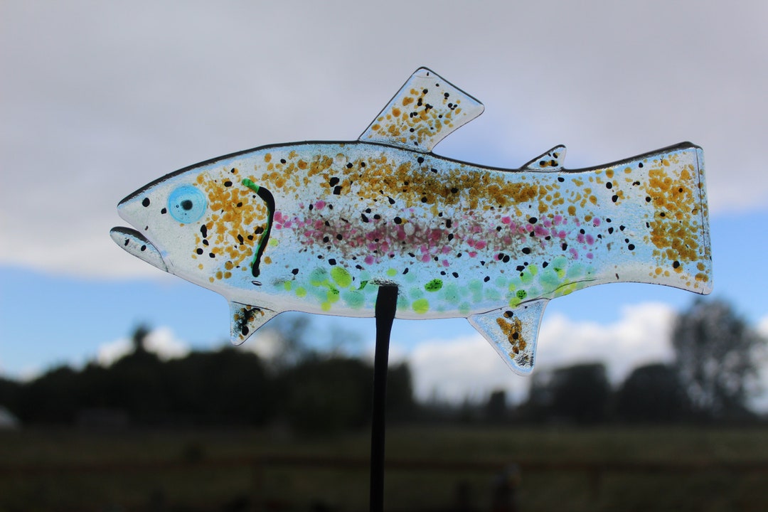 Fused Glass Rainbow Trout Garden Art: Weatherproof Plant Pot Decoration ...
