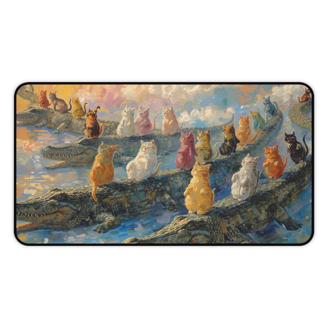 Cats Riding Alligators Desk Mat | Whimsical Animal Fantasy Mouse Pad - Etsy