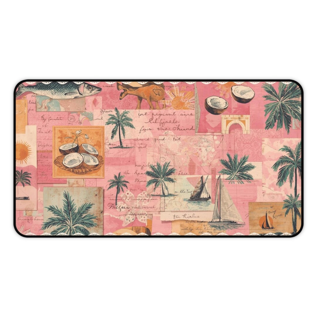 Tropical Collage Desk Mat | Palm Trees, Sailboat, Shells - Etsy