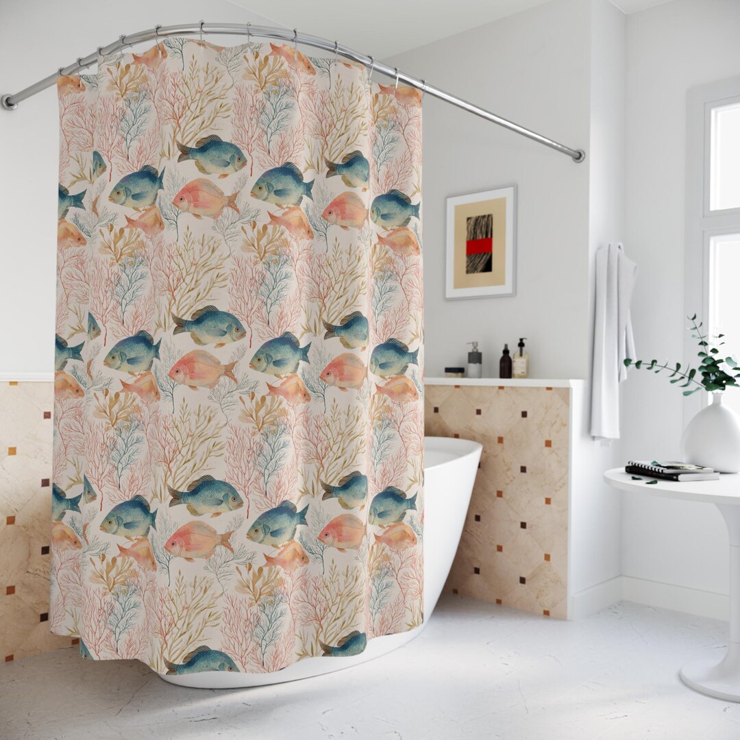 Watercolor Fish Pattern Shower Curtain | Coastal Coral Reef Retro ...