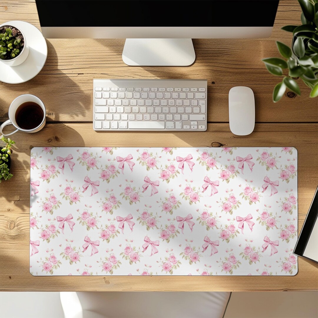 Pink Coquette Bow Desk Mat Cute Pink Desk Pad Computer Girly 12x18 ...