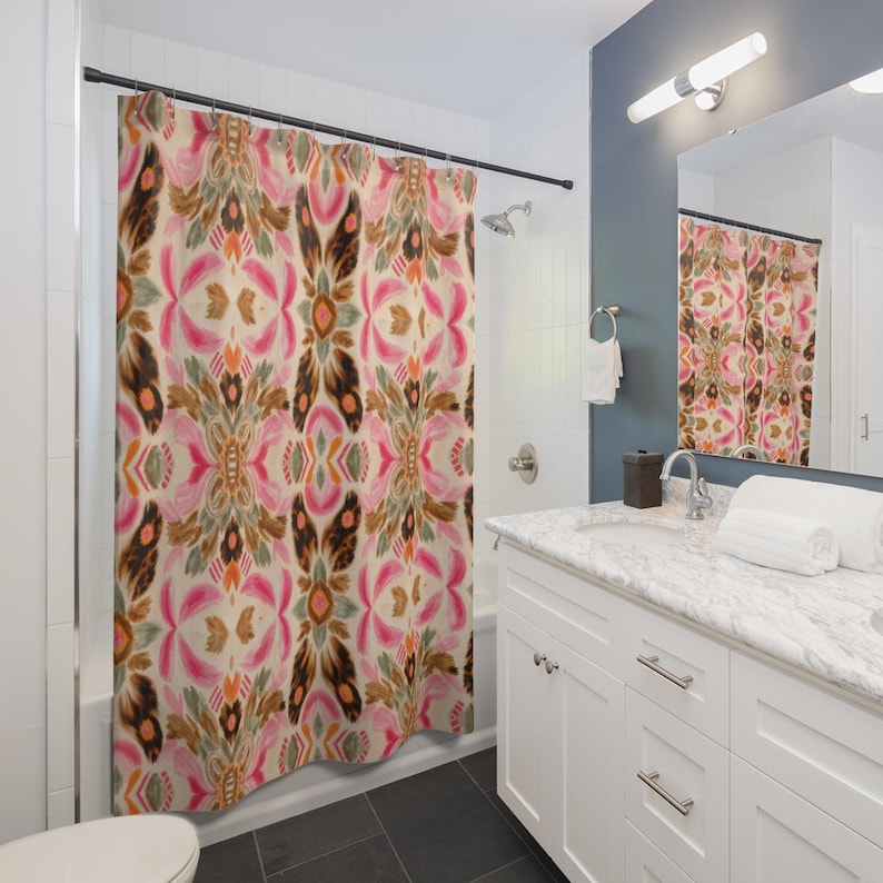 Boho Cute Shower Curtain Pink Pastel Watercolor Ikat Geometric Asbtract ...