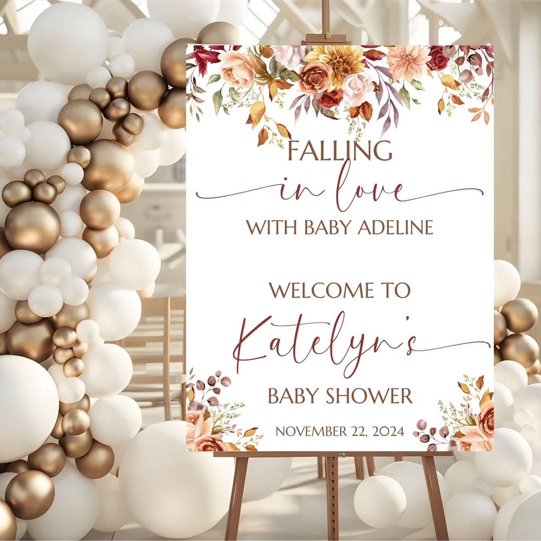 Fall in Love Baby Shower Sign. Autumn Terracotta Florals Welcome Poster ...