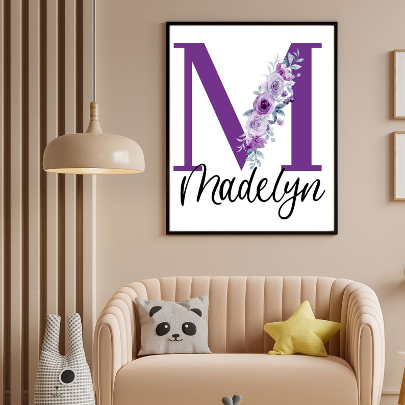 Set of 3 Lavender Rose Prints, Purple Nursery Wall Art, Baby Name Sign ...
