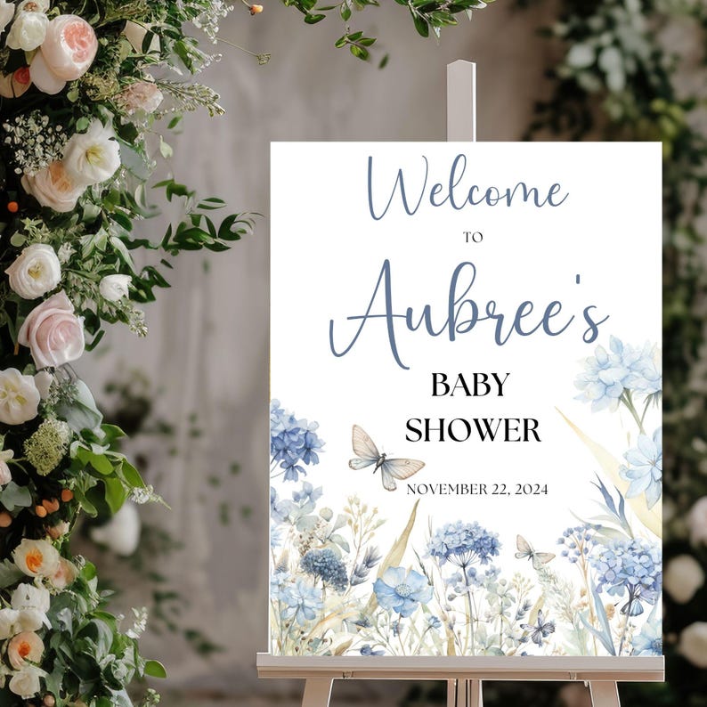 Blue Wildflower Baby Shower Welcome Sign, Baby in Bloom Welcome Sign ...