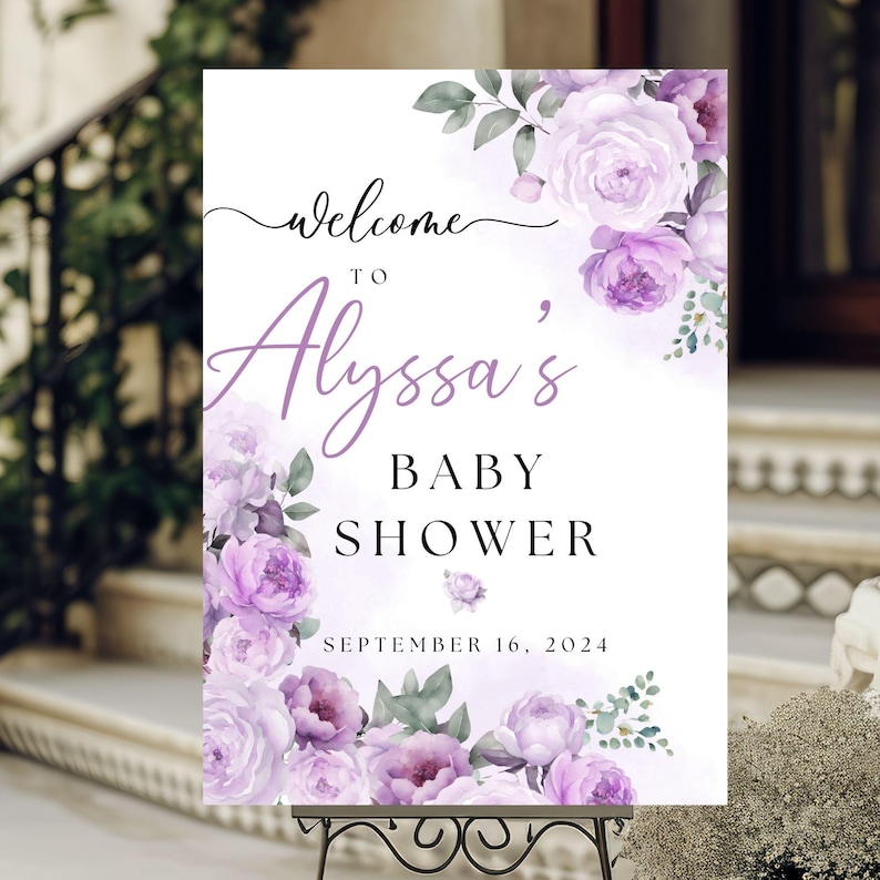 Baby in Bloom Baby Shower Welcome Sign, Floral Baby Shower Sign, Purple ...
