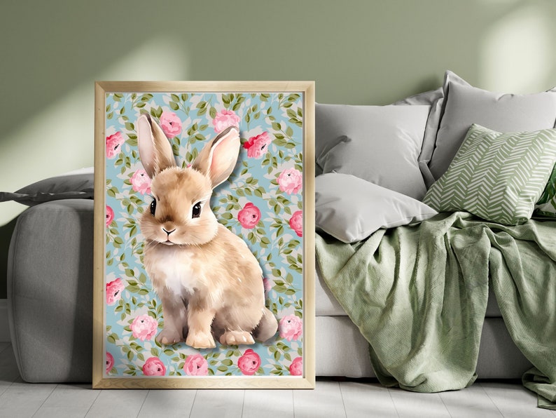 Floral Bunny Print, Pink and Blue Whimsical Nursery Wall Art ...