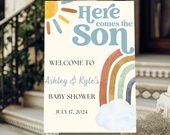 Sunshine Baby Shower Welcome Sign, Retro Here Comes the Son Baby Shower ...