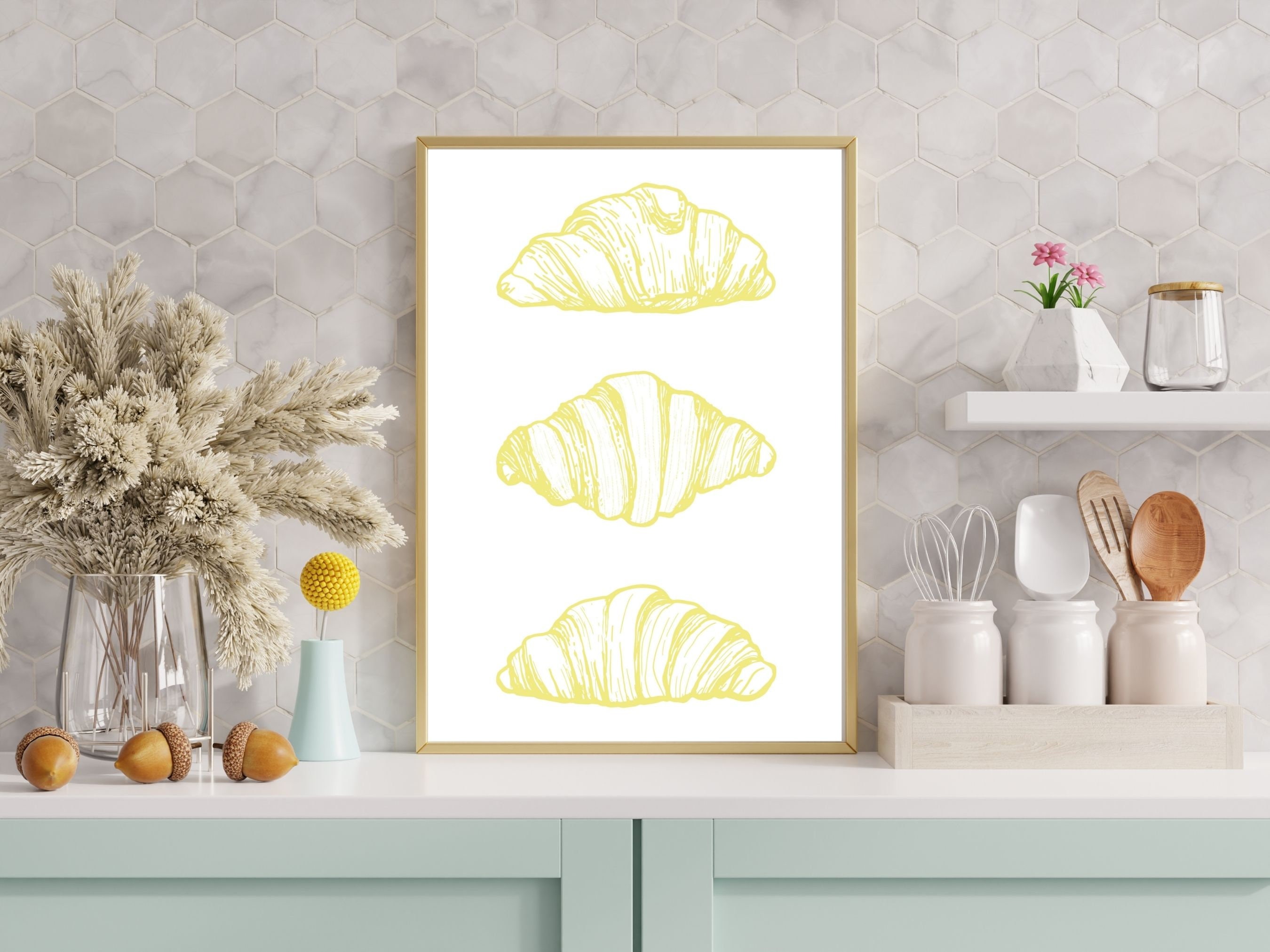 French Croissant Art Print, Gold Breakfast Print, Cute Cafe Printable ...
