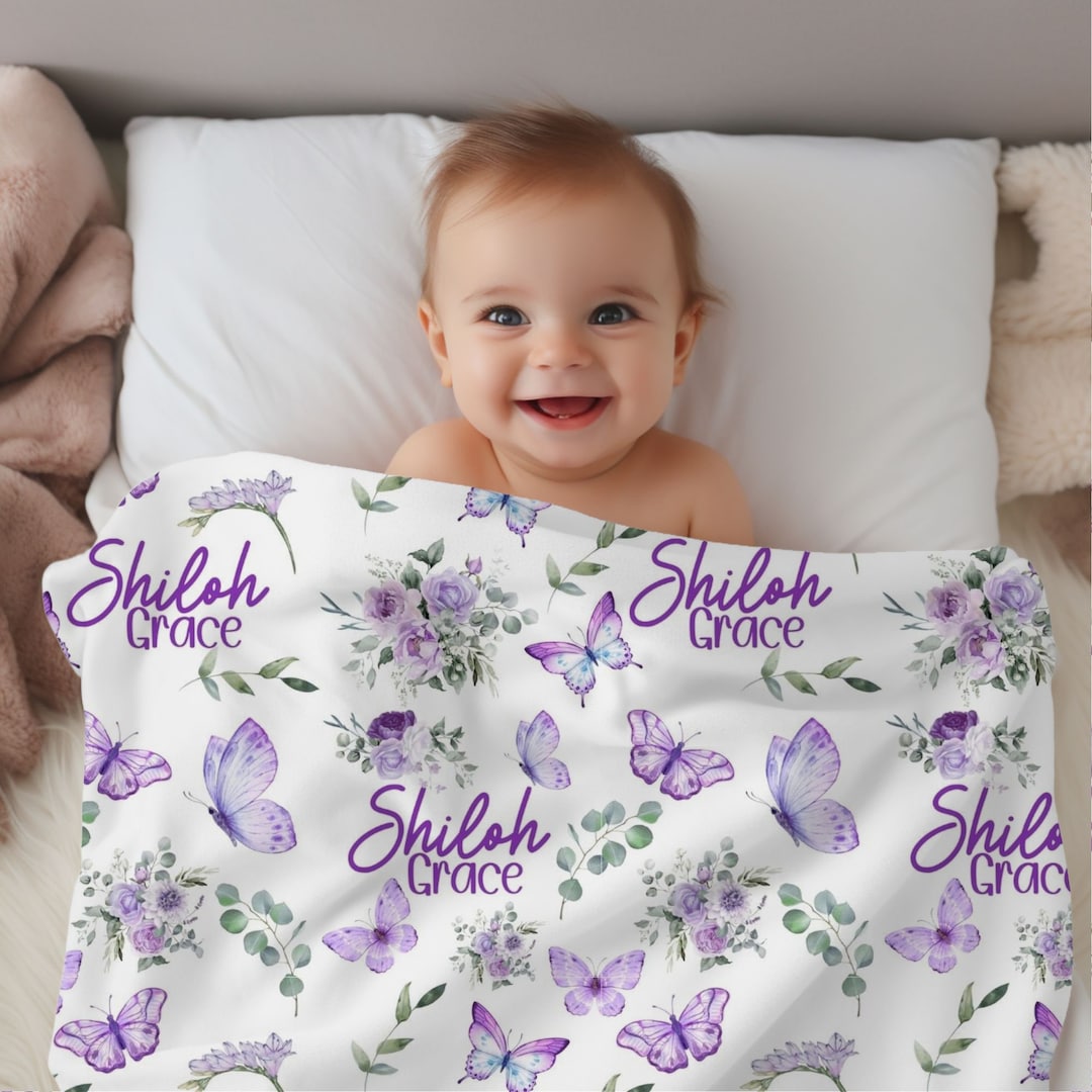 Purple Rose Personalized Blanket, Custom Butterfly Baby Blanket, Shower ...