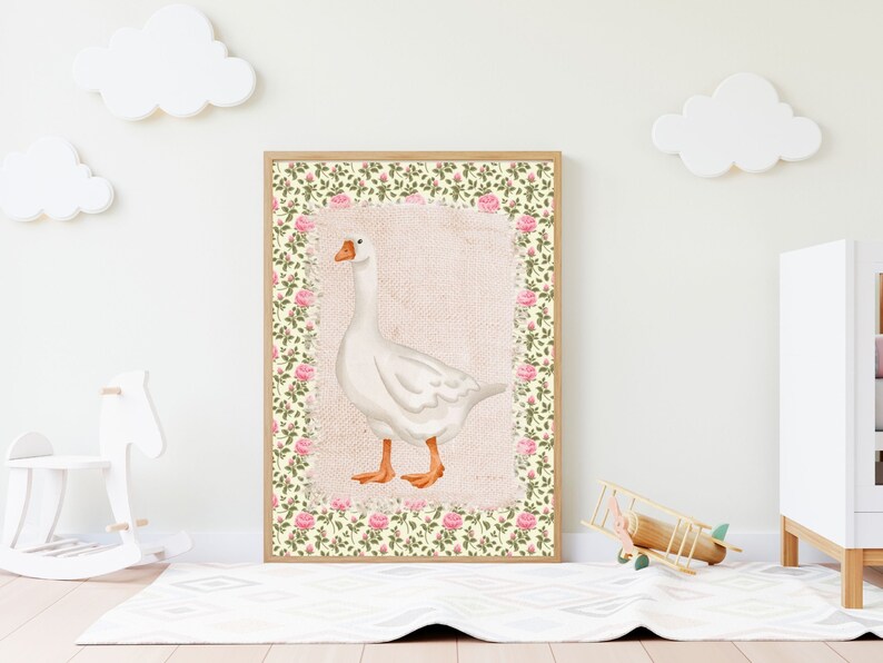 Silly Goose Floral Print, Pink Whimsical Nursery Wall Art ...