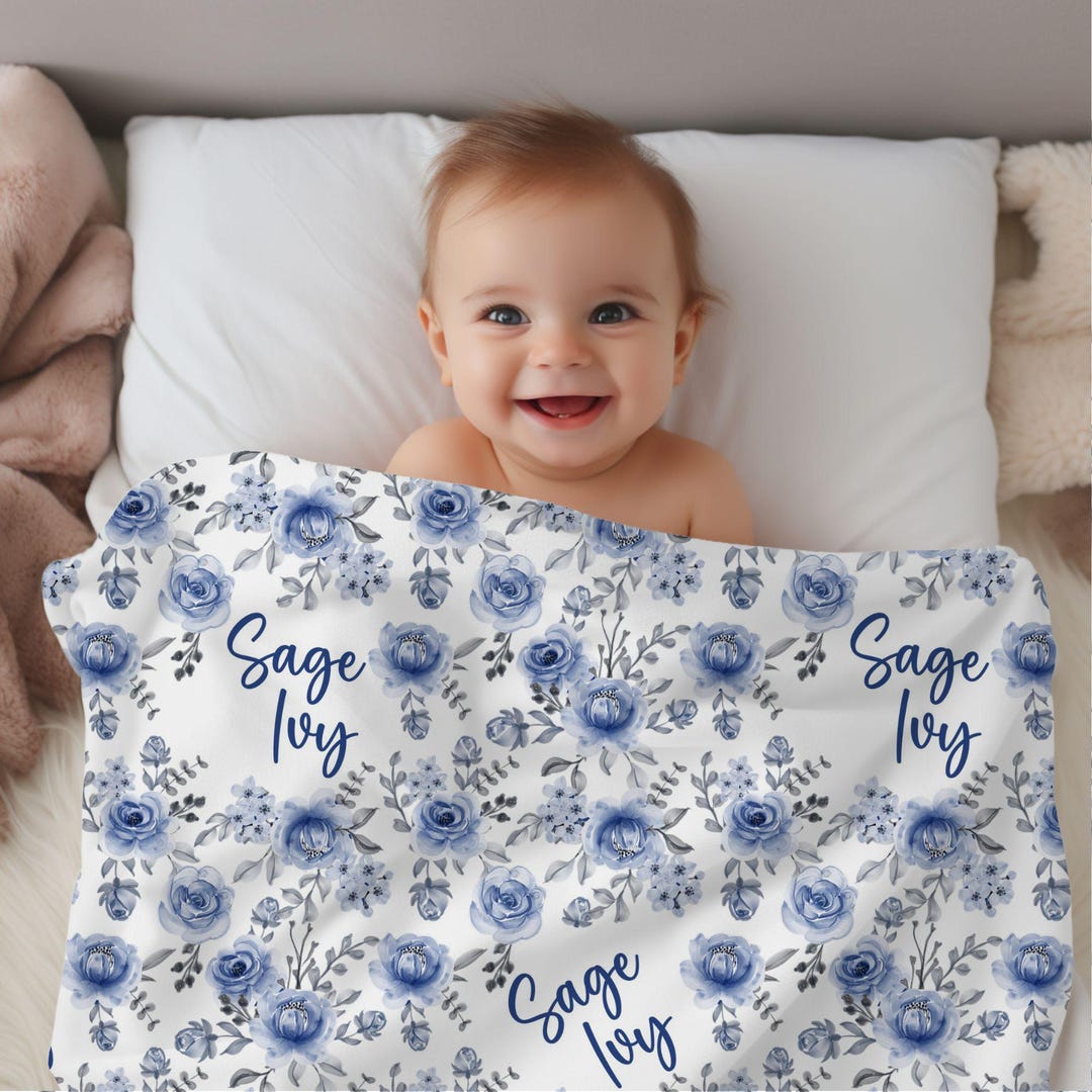 Baby Girl Personalized Blanket, Custom Blue Floral Baby Blanket, Floral ...