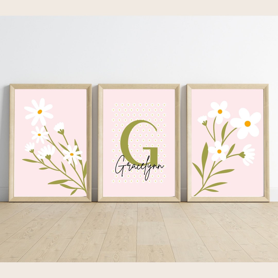 Daisy Print Set of 3, Pink Whimsical Nursery Wall Art, Baby Name Sign ...