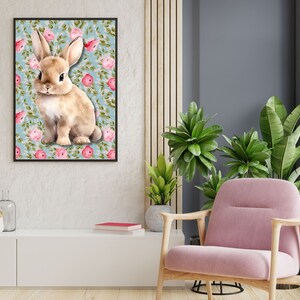 Floral Bunny Print, Pink and Blue Whimsical Nursery Wall Art ...