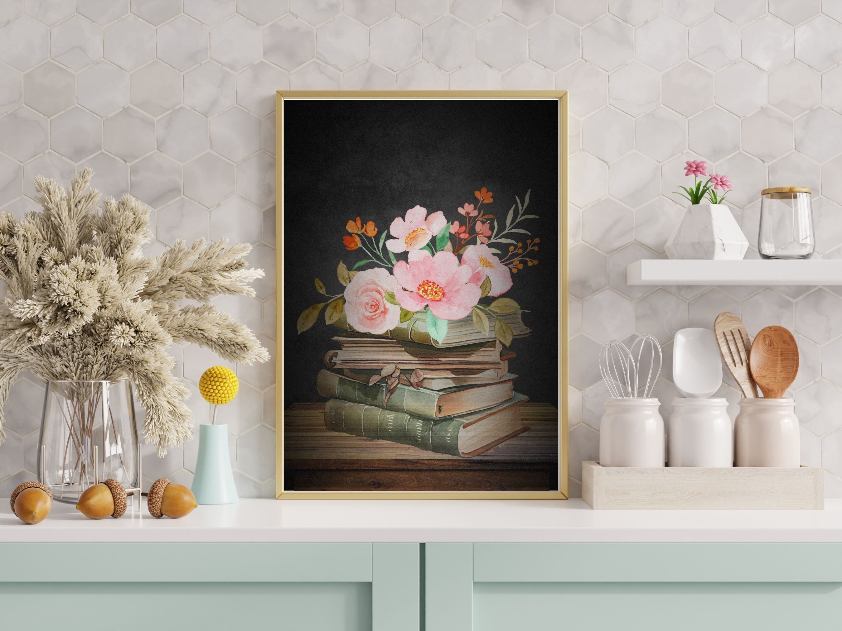 Book Stack Art Rustic Spring Wall Art Farmhouse Spring Print Spring Decor Dark Academia ...