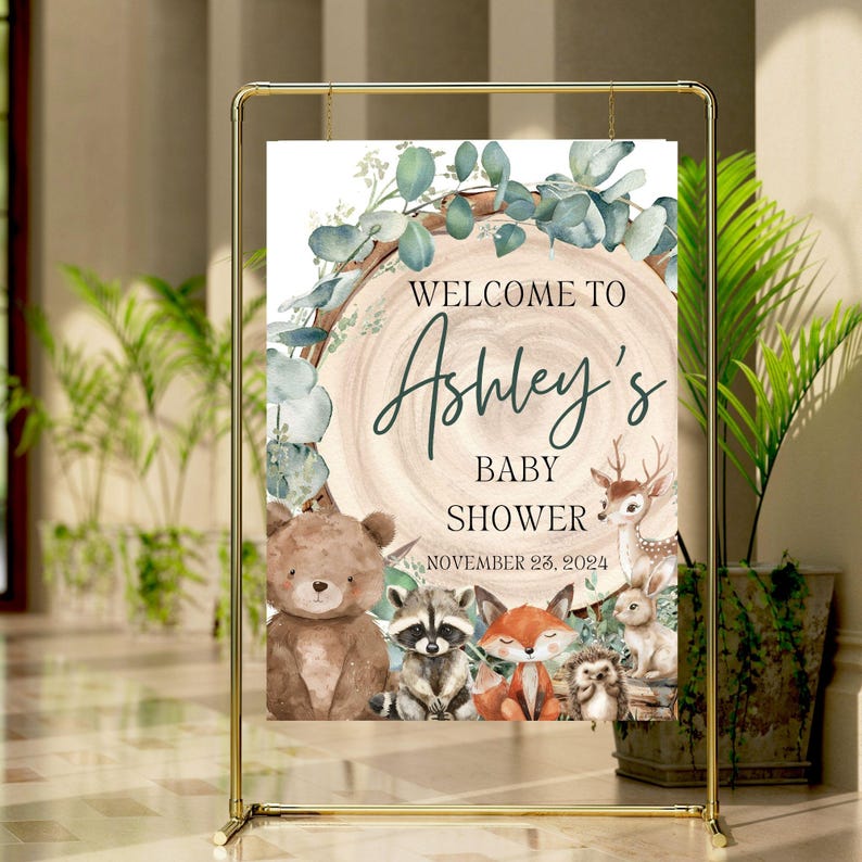 Woodland Baby Shower Welcome Sign, Greenery Forest Animals Baby Shower ...