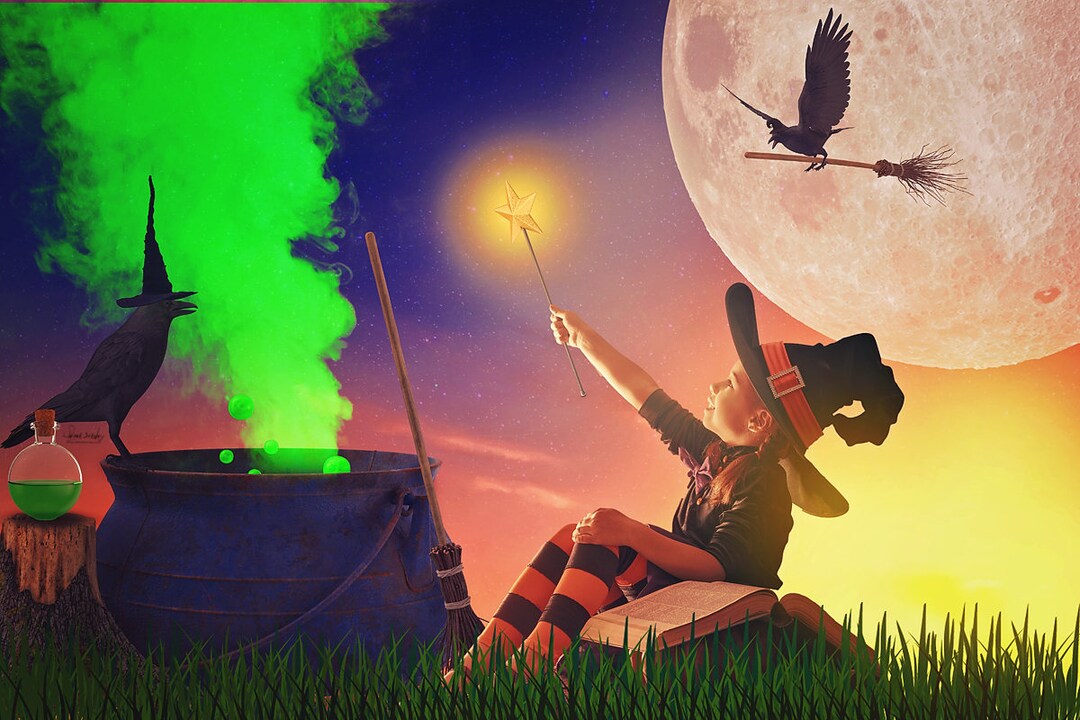 Halloween Digital Backdrops Cauldron Halloween Full Moon Witch ...