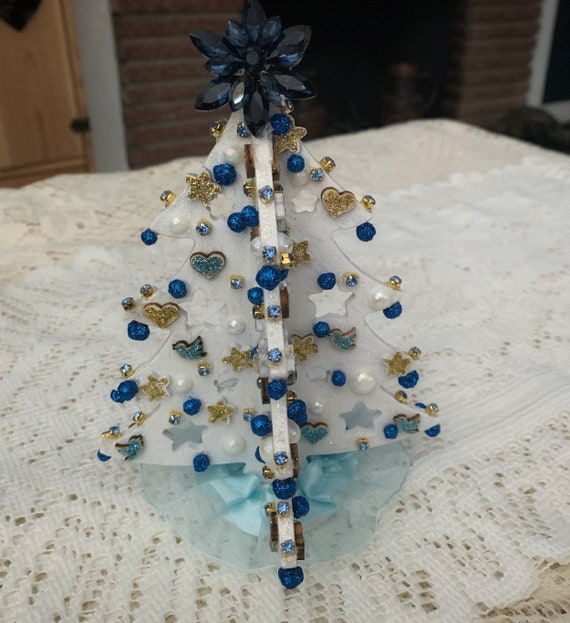 Handmade Blue and White Wooden Christmas Tree Decoration - Etsy