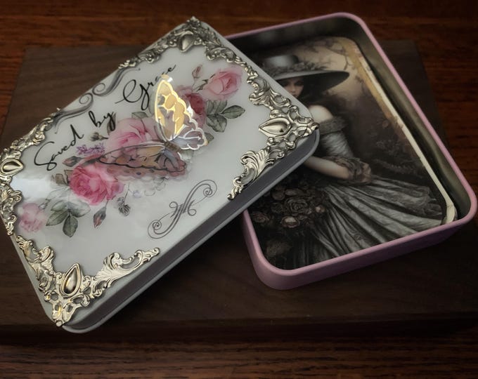 Pink and White Floral Note Card Tin. Saved by Grace. Medium Sized. 5” X ...
