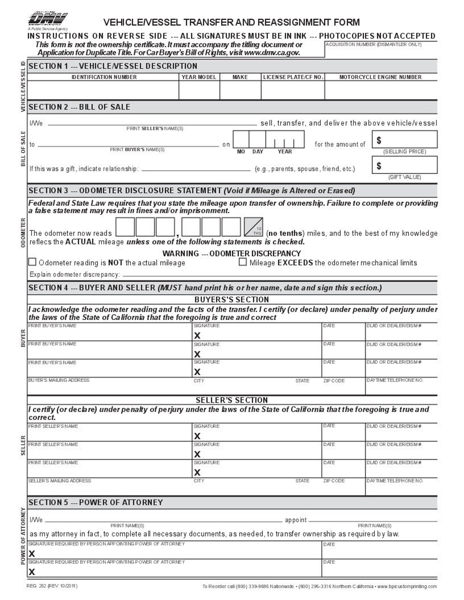 California DMV Form REG 262 Vehicle Vessel Transfer And Reassignment California DMV Form REG 262 Vehicle Vessel Transfer And Reassignment