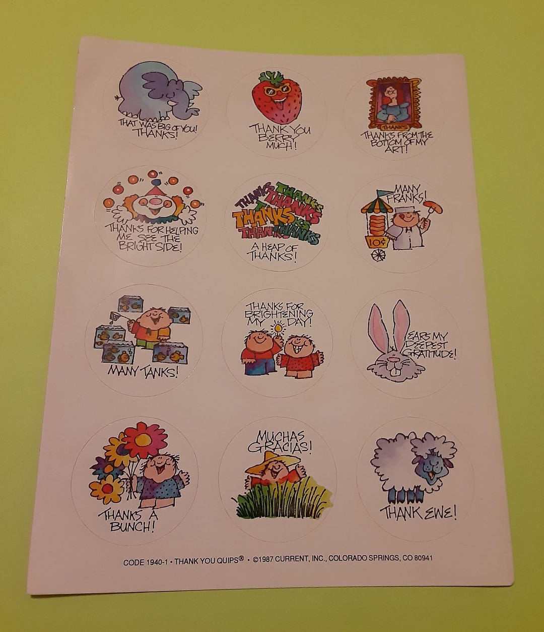 Vintage 80's CURRENT Thank You Quips Sticker Sheet *damaged* - Etsy