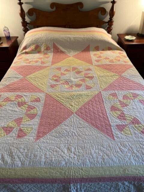 Embellished Lone Star Antique Quilt, C. 1930, Pink, Yellow and White ...