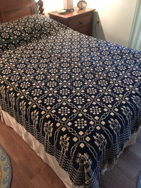 Antique Coverlet Double Weave Indigo Blue and White Fringe - Etsy