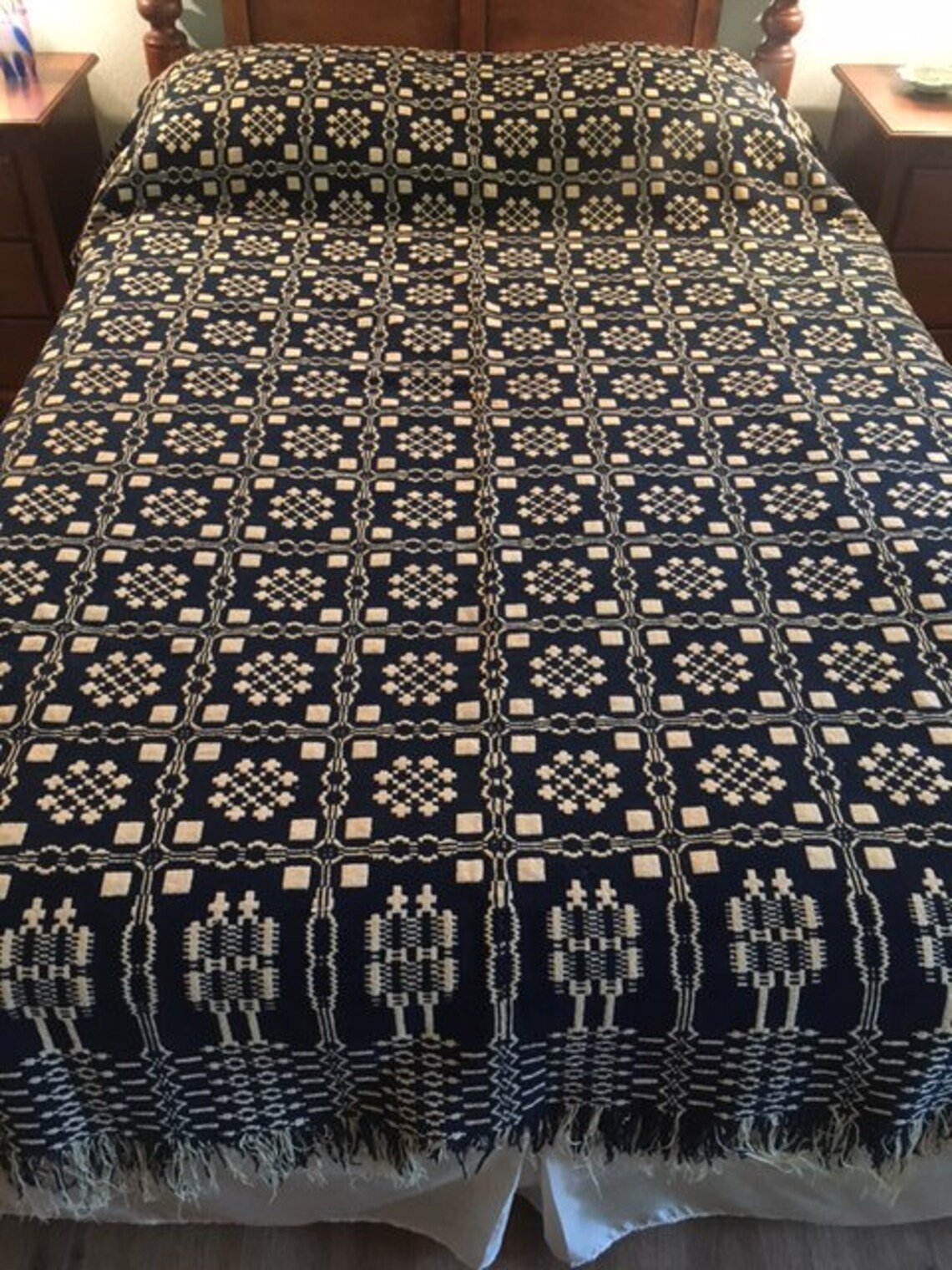 Antique Coverlet Double Weave Indigo Blue and White Fringe - Etsy