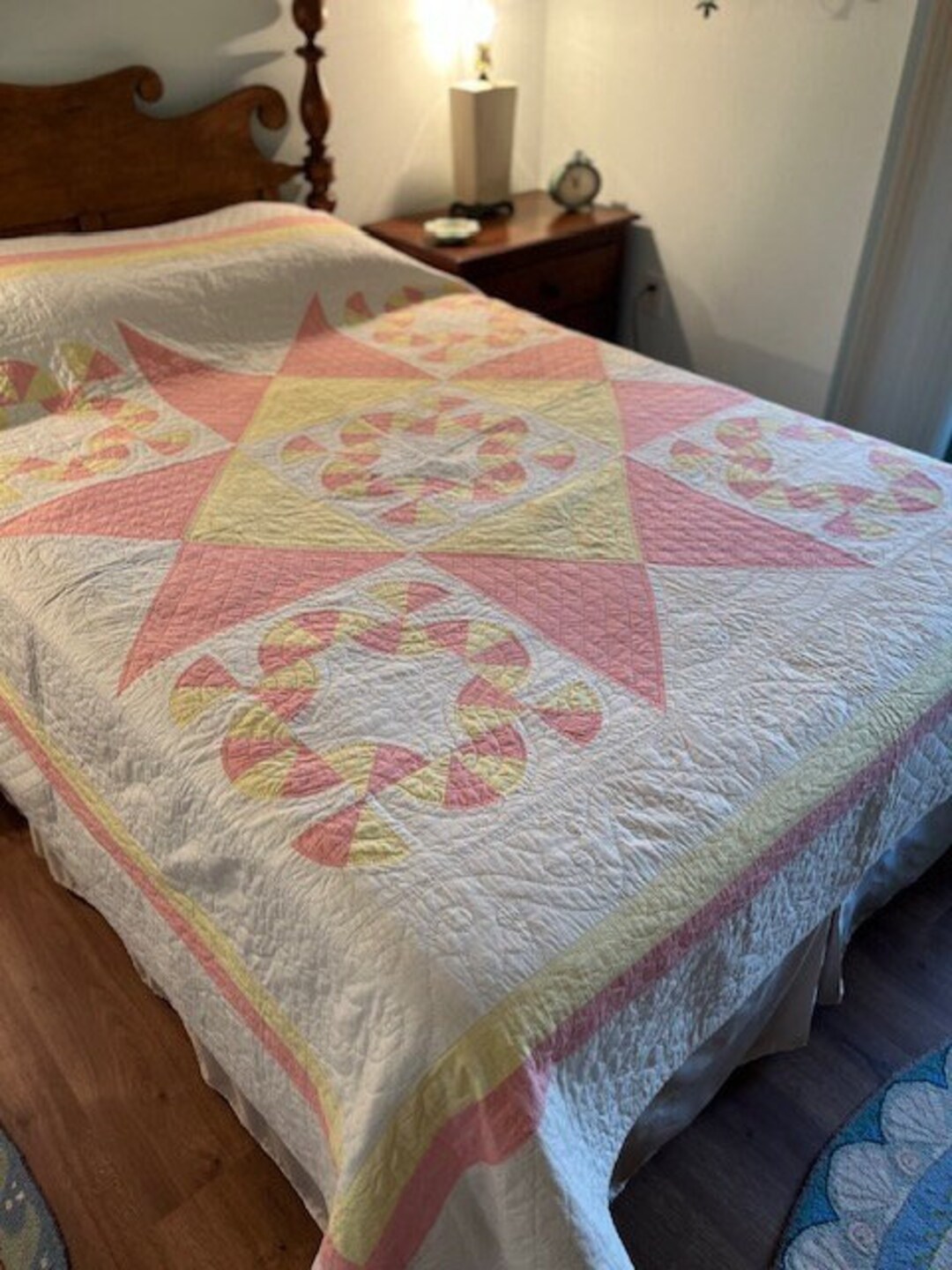 Embellished Lone Star Antique Quilt, C. 1930, Pink, Yellow and White ...