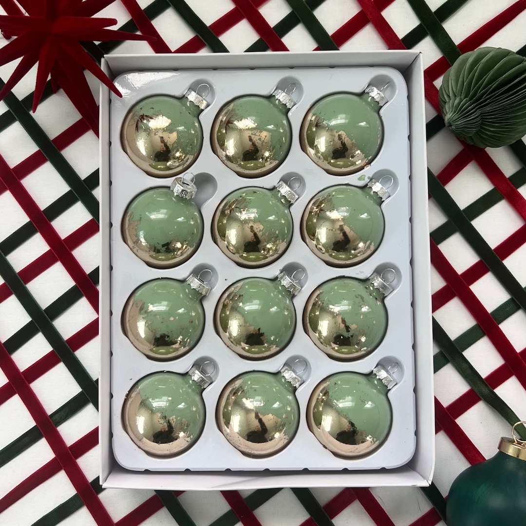 SET OF 12 Christmas Ornaments - Sage Green With Gold Leaf “dipped ...