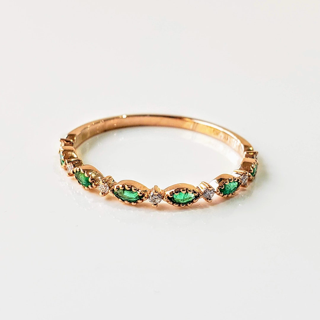 14K Rose Gold Women's Green Emerald and Diamond Minimalist Stack-able ...