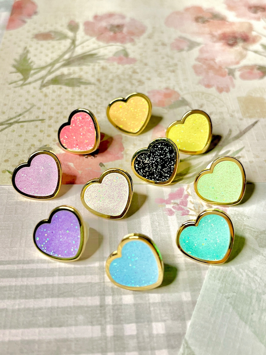 Glitter Sparkling Mini Filler Enamel Pins Heart Shape Gold Metal Set ...