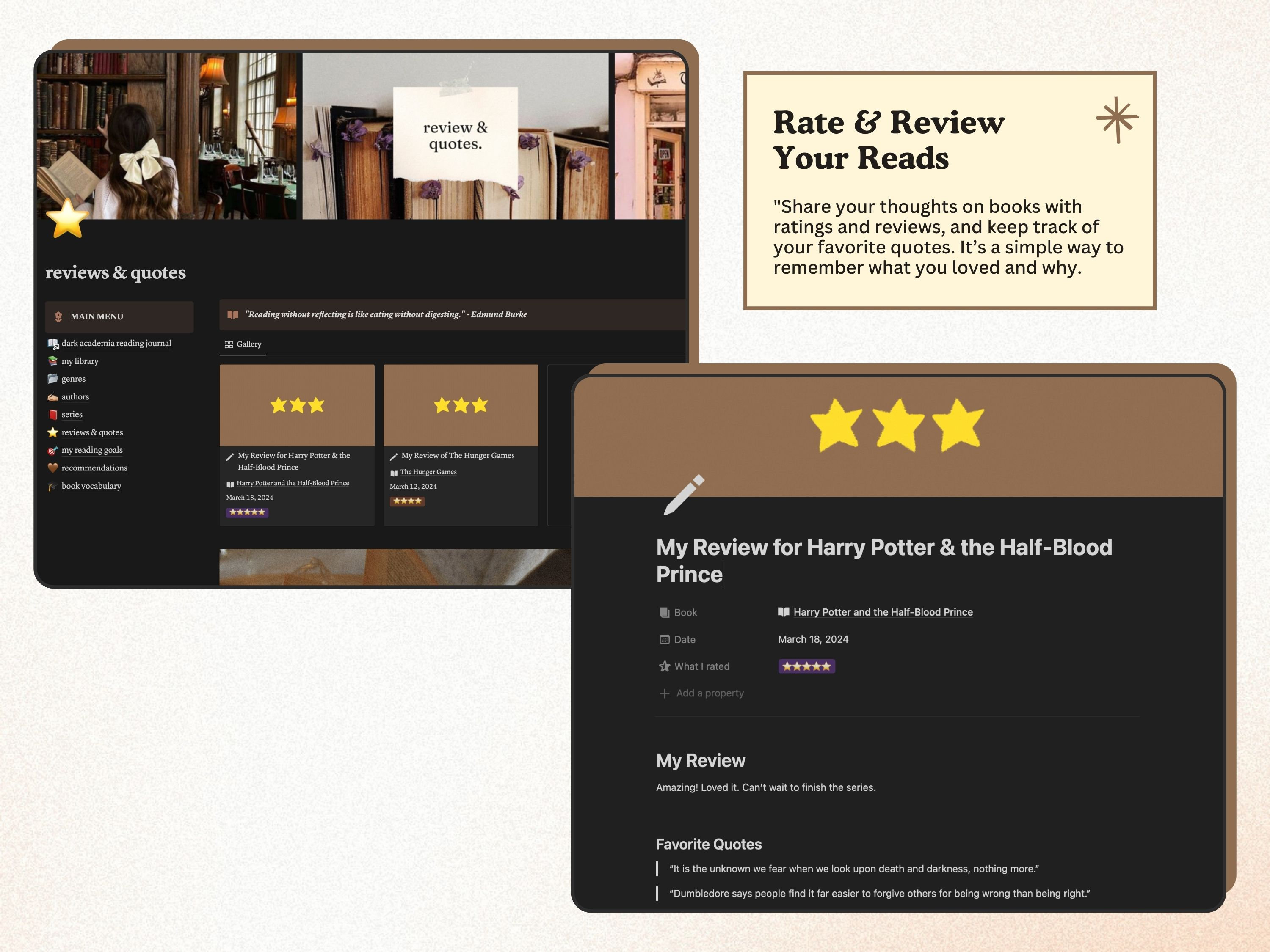 Notion Template Reading Journal, Dark Academia Book Tracker, Bookish ...