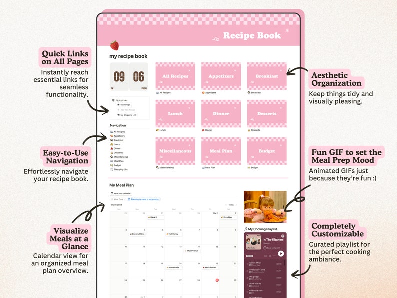 Recipe Book Notion Template, Meal Prep Notion Dashboard, Kitchen Organizer, Weekly Cooking ...