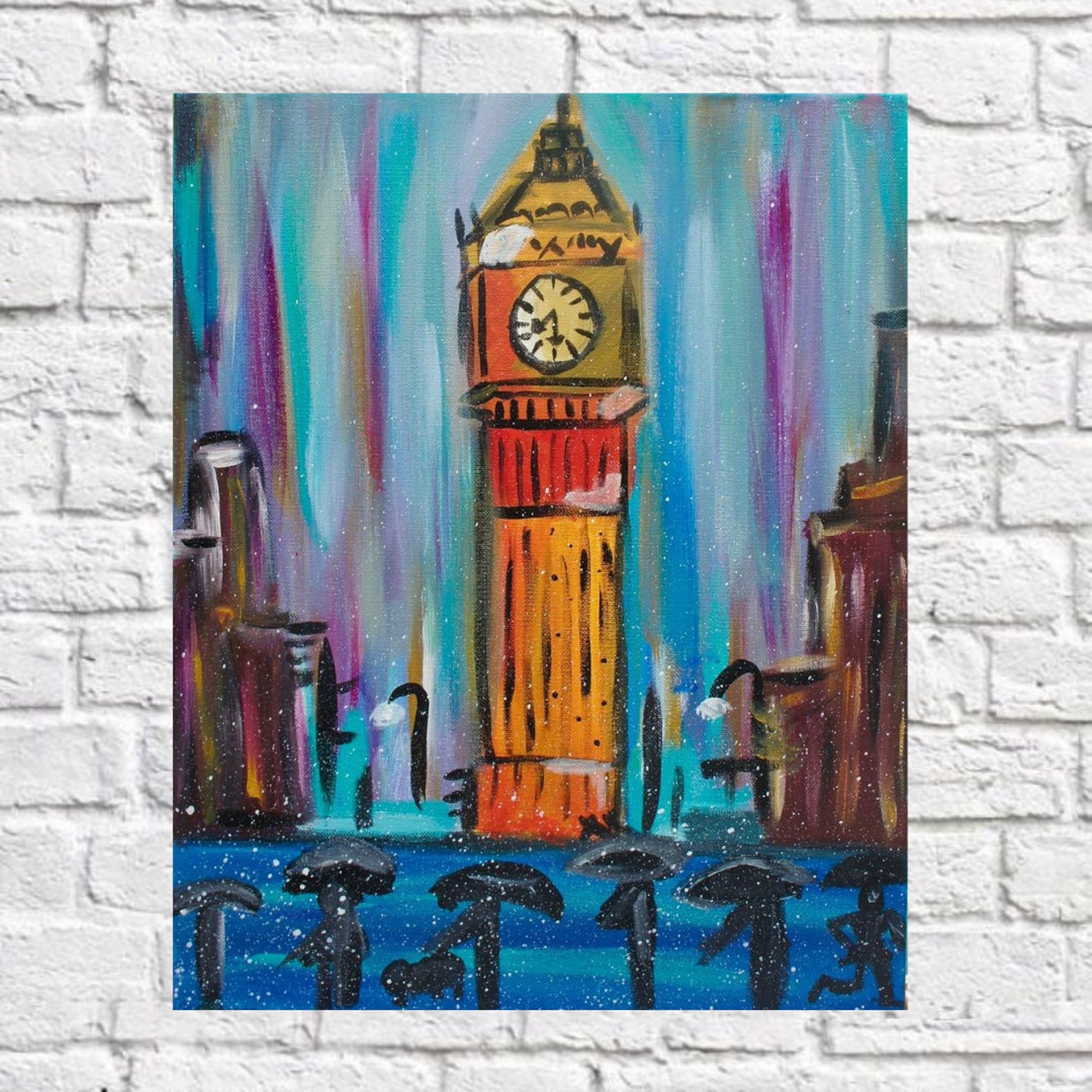 Big Ben London Tower Acrylic Painting on Canvas 16x20 Rainy London Art ...
