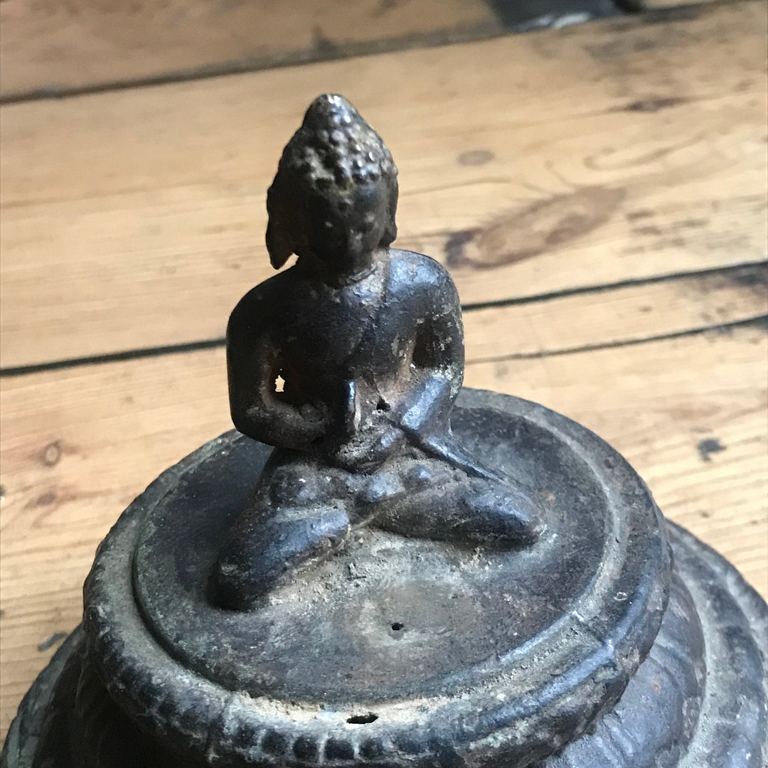 Antique Bronze Meditating Buddha in Stupa Figure Statue Borobudur ...