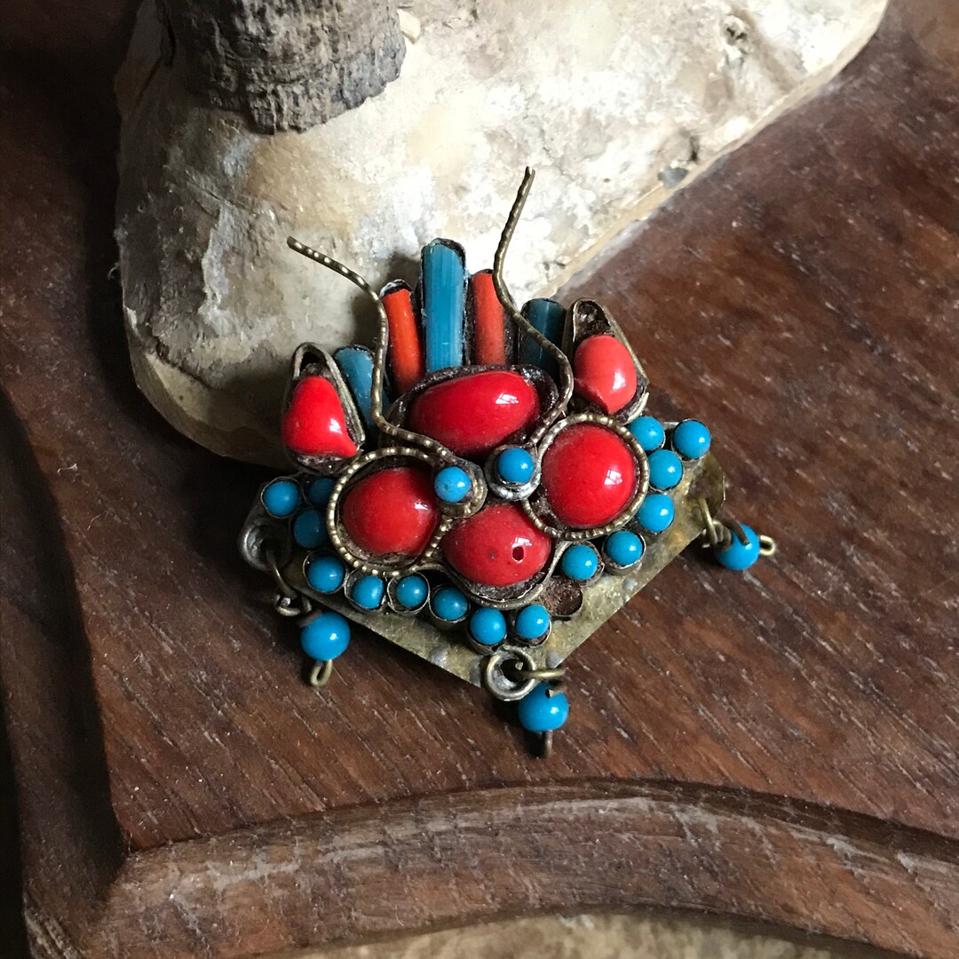 Unusual Vintage Tribal Tibetan Pin Brooch - Turquoise & Red Stone - Etsy