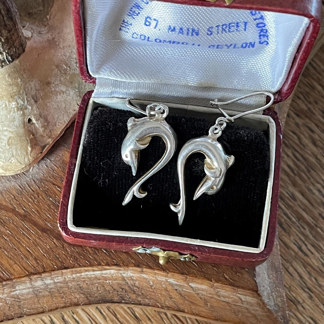 Fabulous Pair Vintage Sterling Silver Dolphin Drop Earrings - 925 ...