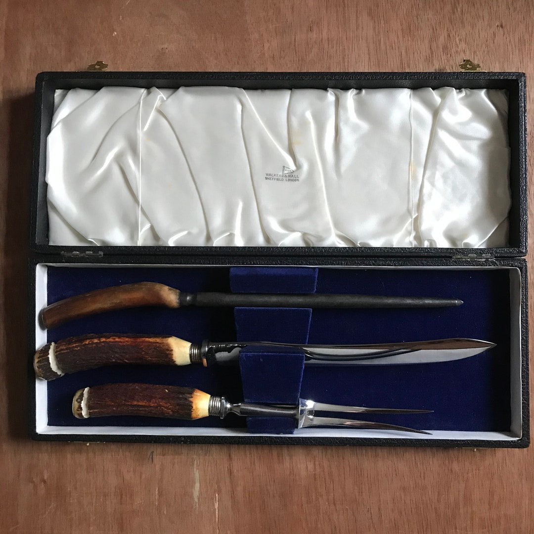 Vintage Walker & Hall Antler Handle Carving Knife, Serving Fork ...
