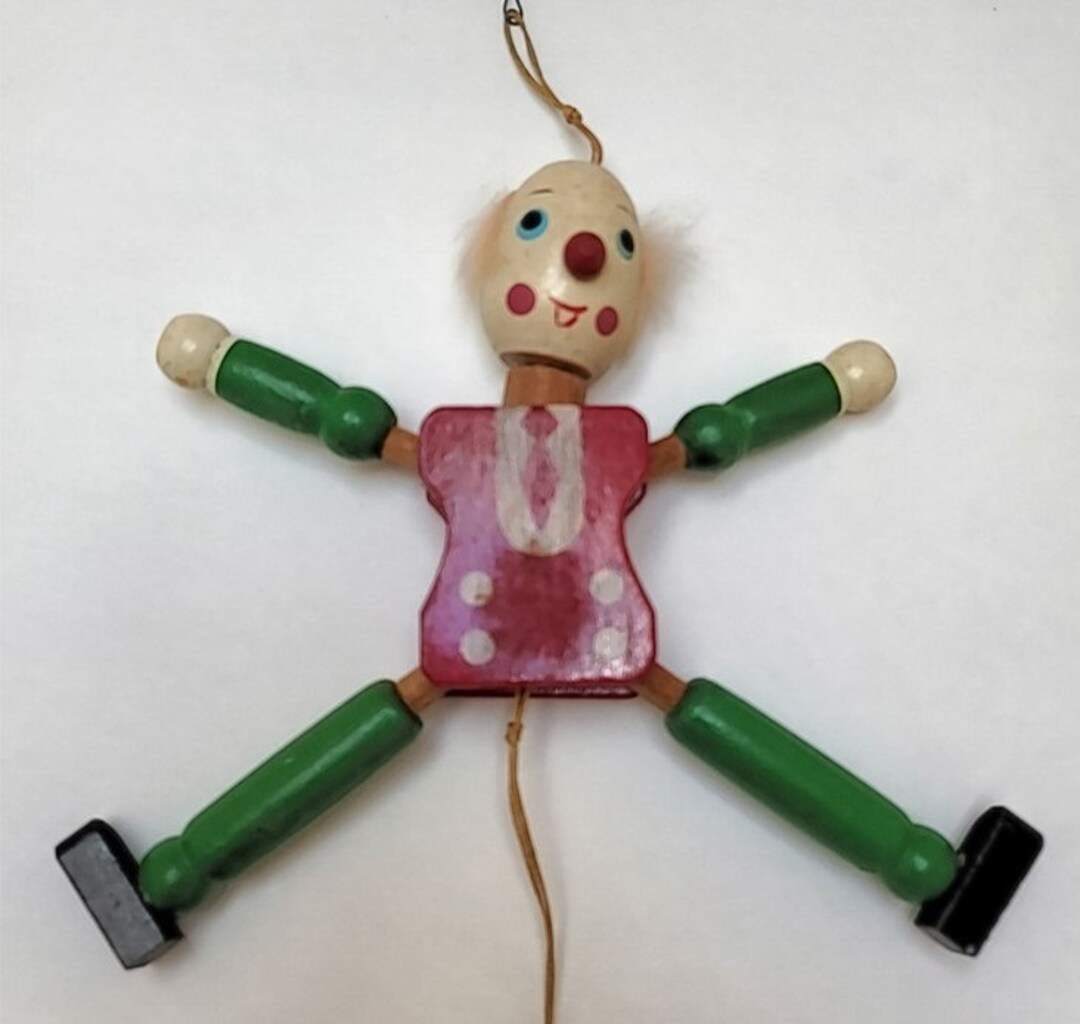 Christmas Wooden Jumping Jack Puppet, 1960's Pull String Wooden 7 Inch ...