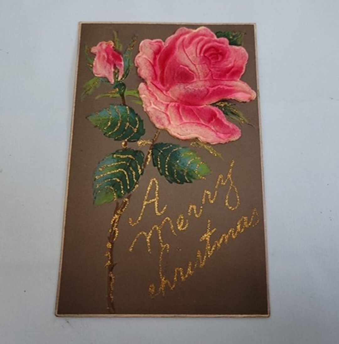 1908 Embossed Pink Red Rose Postcard, Antique Rose Merry Christmas ...