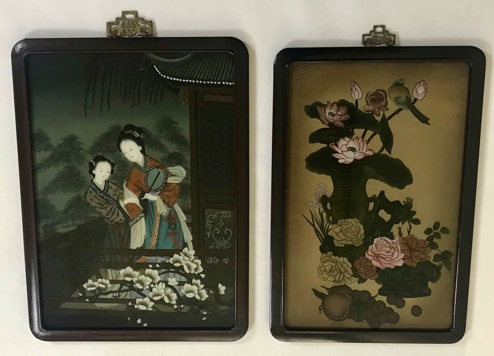 Chinese Reverse Glass Hand Painting Pair Ladies in Balcony & - Etsy